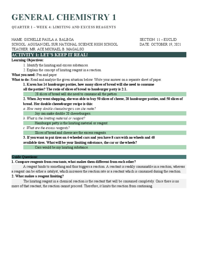 General Chemistry 1 Quarter 1 - Week 4 (Limiting and Excess Reagents) | PDF | Chemical Reactions ...