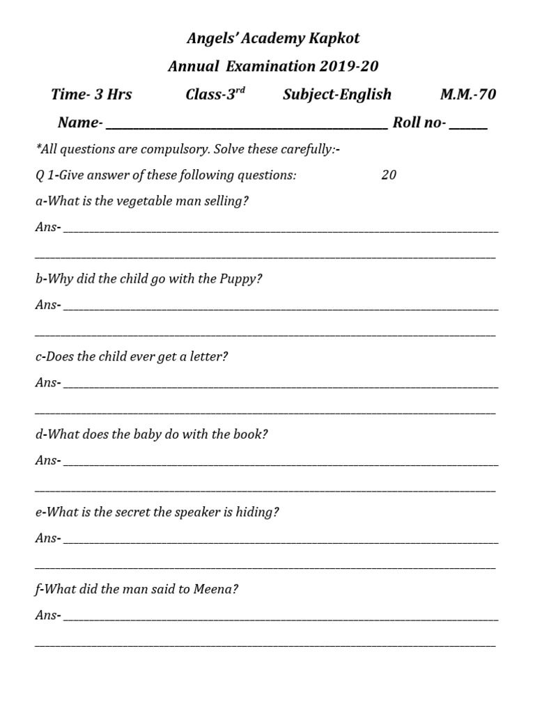 Class 3rd Question Paper of English | PDF | Mammals | Livestock