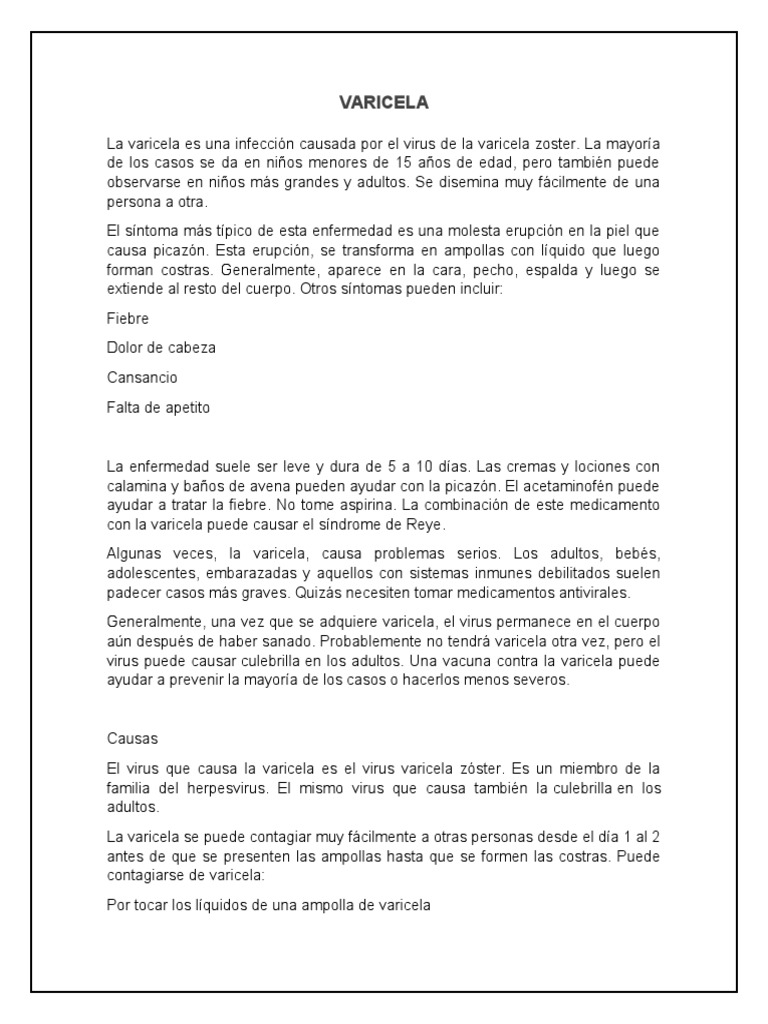 Varicela: Síntomas, Tratamiento y Prevención | PDF | Vacunas | Causas ...