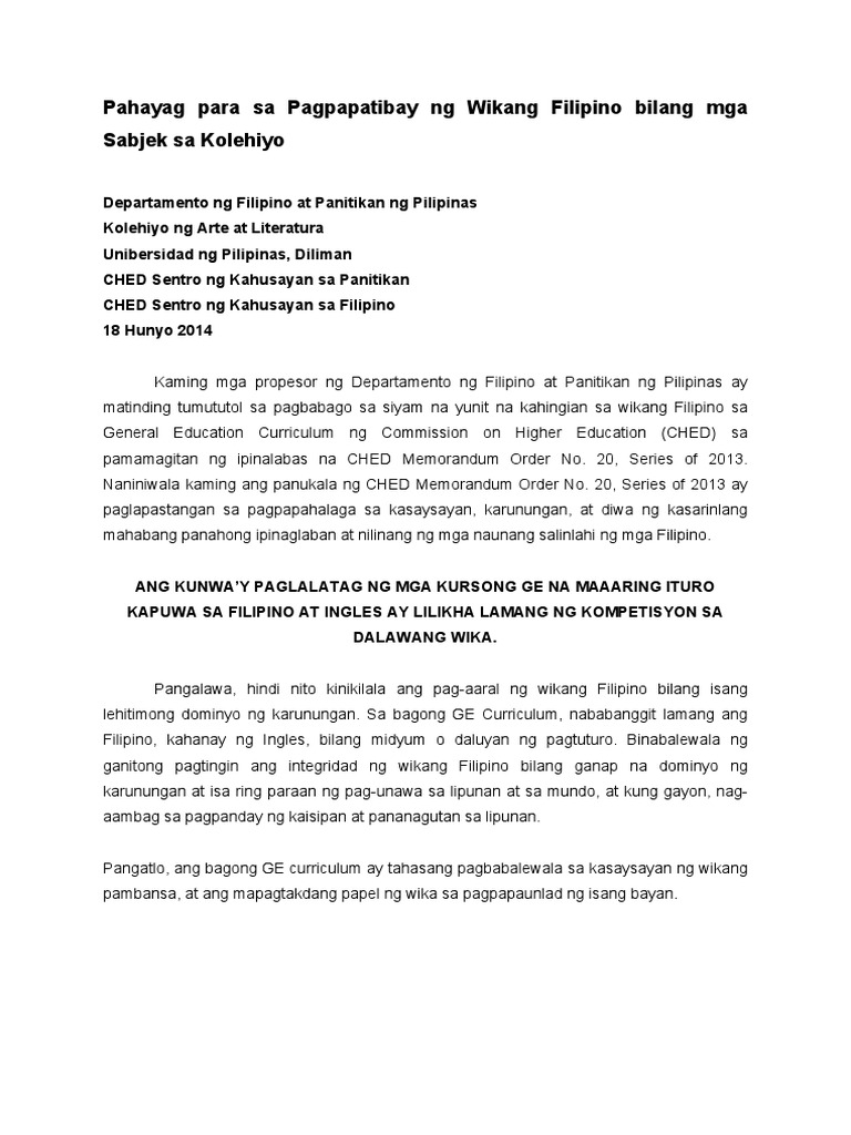 Pahayag para Sa Pagpapatibay NG Wikang Filipino Bi | PDF