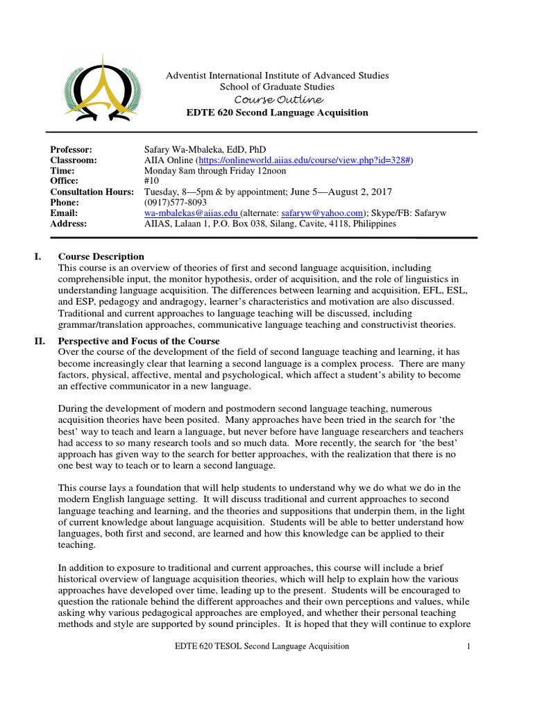 Course - Outline - EDTE620 Second Language Acquisition | PDF | English As A Second Or Foreign ...