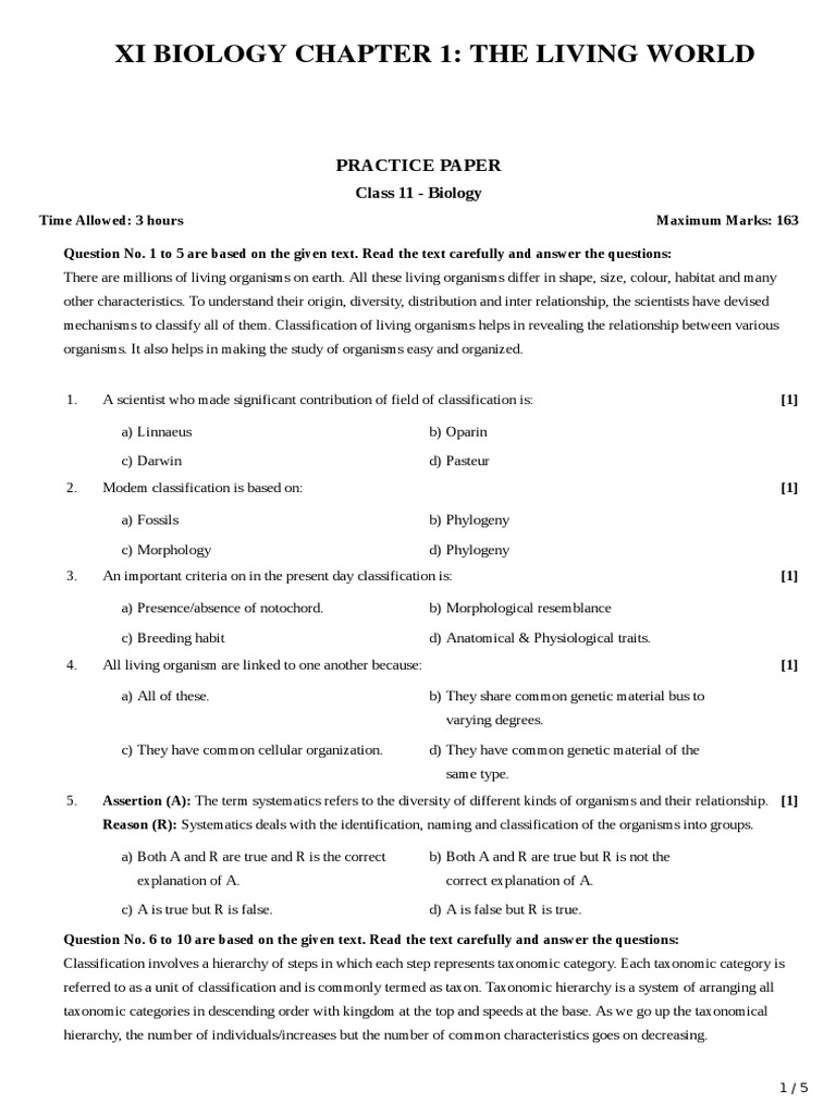 BIOLOGY XI CHAP 1 Question-556227 | PDF | Taxonomy (Biology) | Species