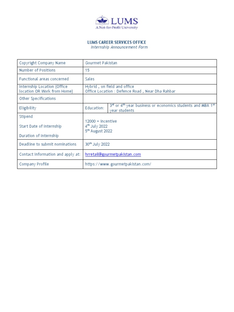 Internship Announcement Form | PDF