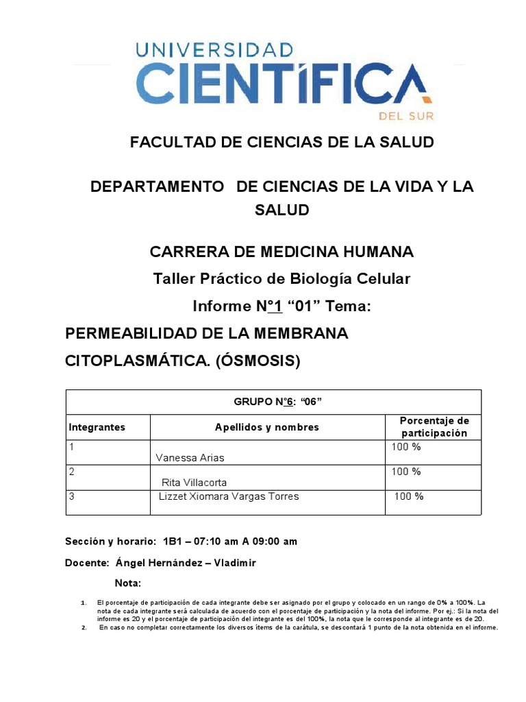 Informe 1 - Permeabilidad de La Membrana Citoplasmatica (Osmosis) | PDF ...