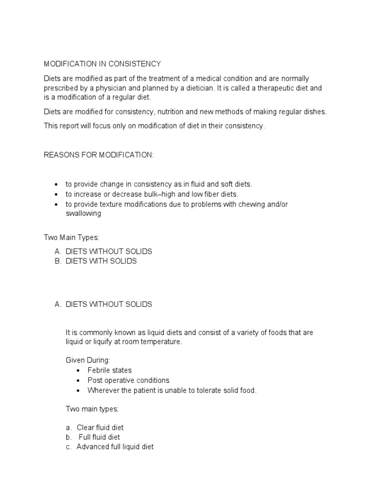 DIETARY MODIFICATIONS IN Consistency | Download Free PDF | Dietary ...