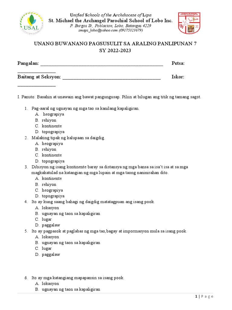 1ST Monthly Exam Ap 7 | PDF