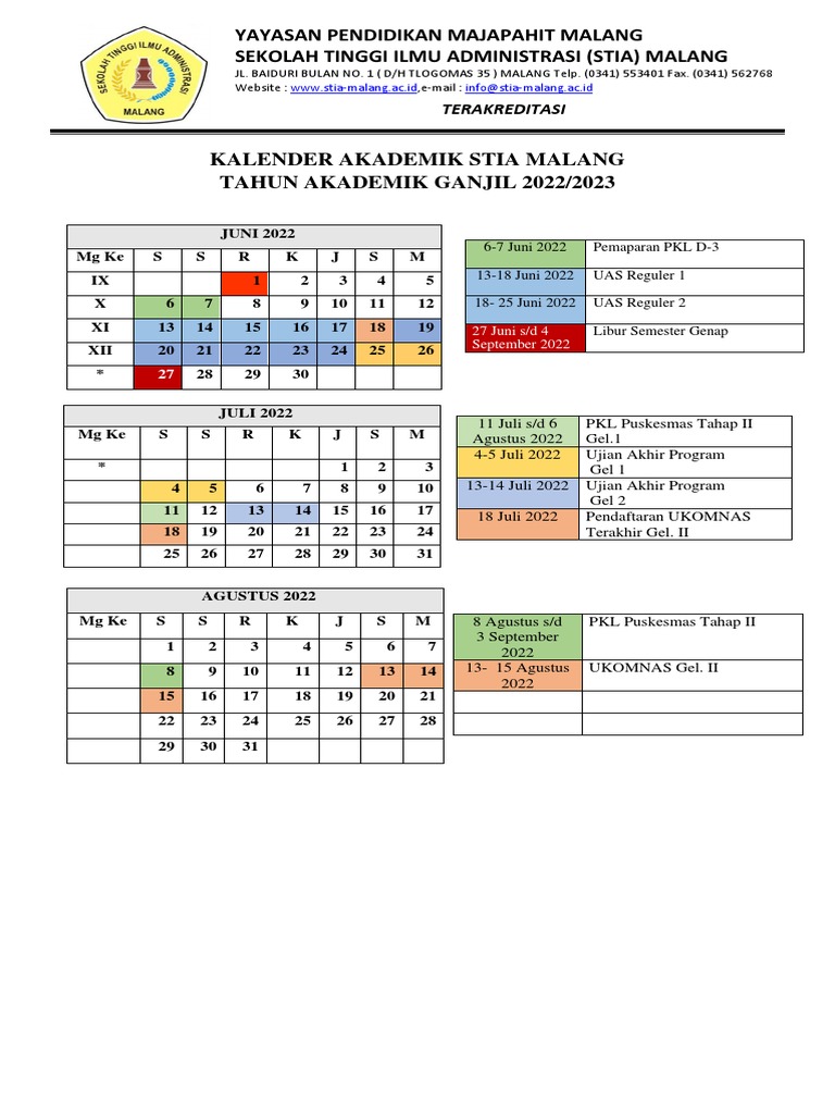 Kalender Akademik STIA Malang 2022/2023 | PDF