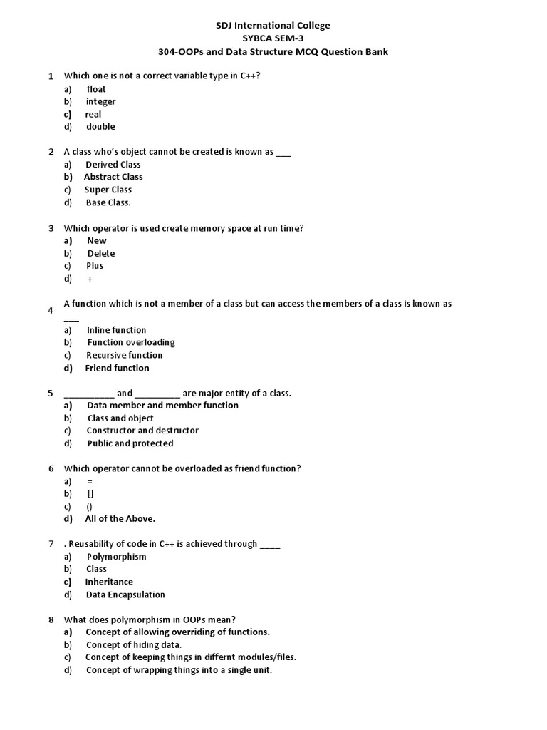 Oops And Ds Mcqs Pdf C Class Computer Programming
