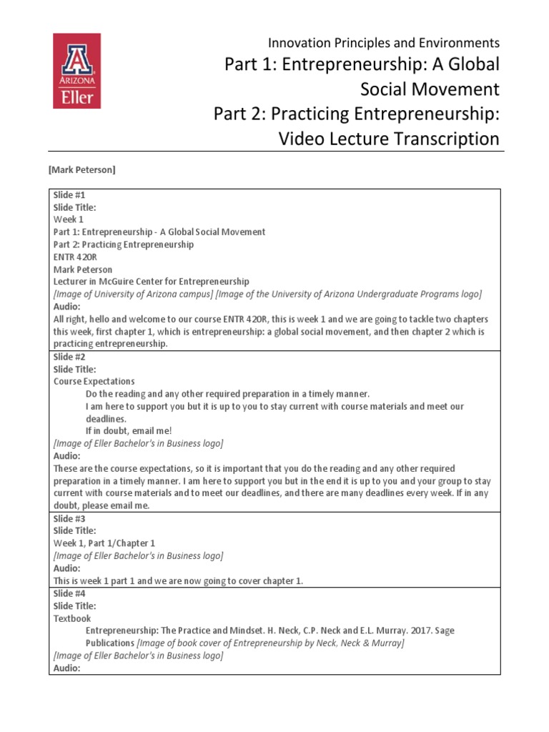 ENTR 420R CH 1 Movement and CH 2 Practice Transcription | PDF | Entrepreneurship | Startup Company