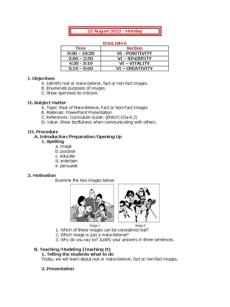 ENG Q1 W1 D1 Real or Make-Believe | PDF | Image | Books