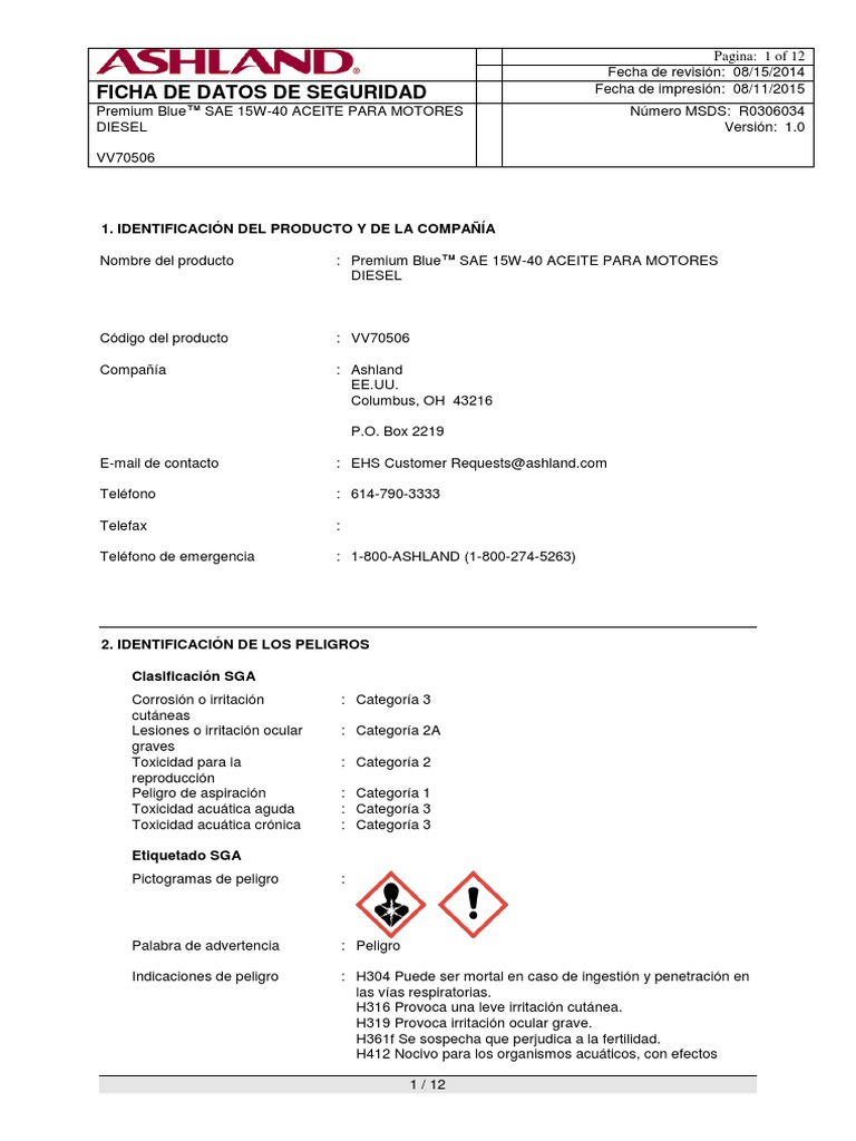Hoja de Seguridad 15W40 | PDF