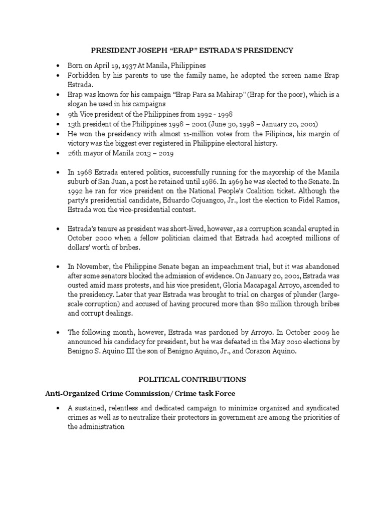 Estrada's Presidency and Impeachment Scandal | PDF | Government ...