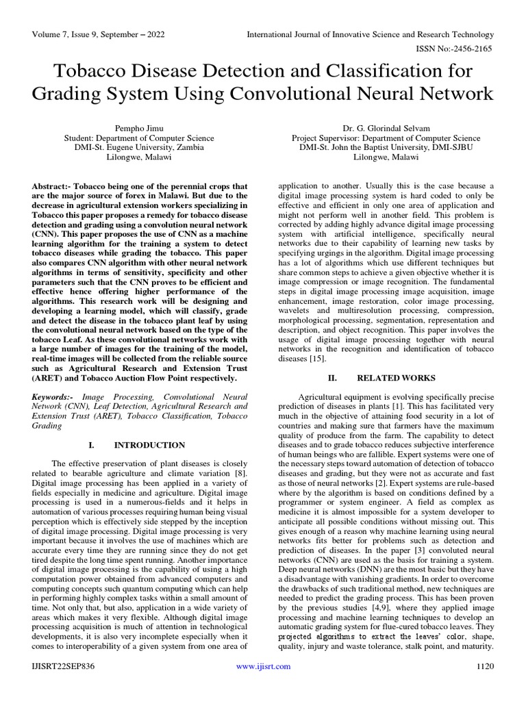 Tobacco Disease Detection and Classification For Grading System Using Convolutional Neural ...