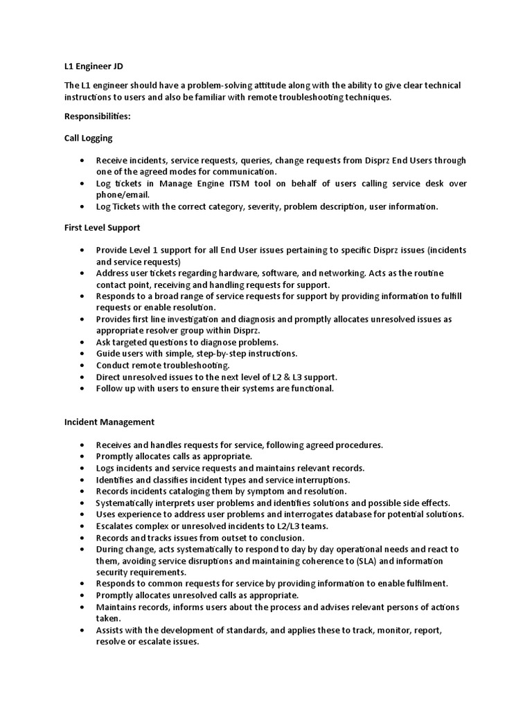 L1 Engineer JD | PDF | It Service Management | Troubleshooting