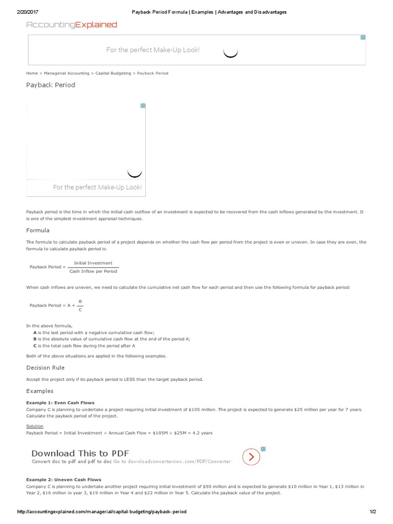 Payback Period Formula - Examples - Advantages and Disadvantages | PDF ...