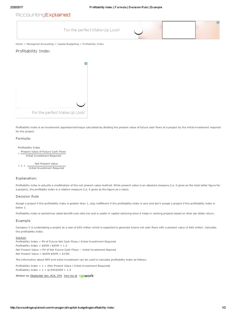 Profitability Index - Formula - Decision Rule - Example | PDF