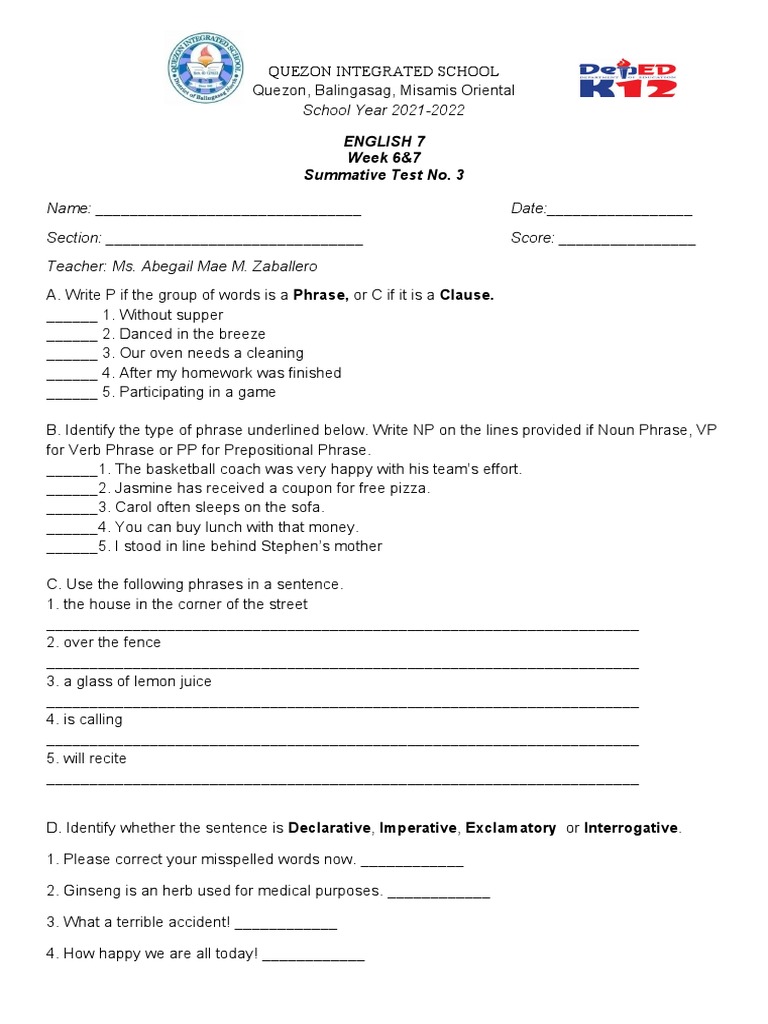 English 7 #3 | PDF | Phrase | Sentence (Linguistics)