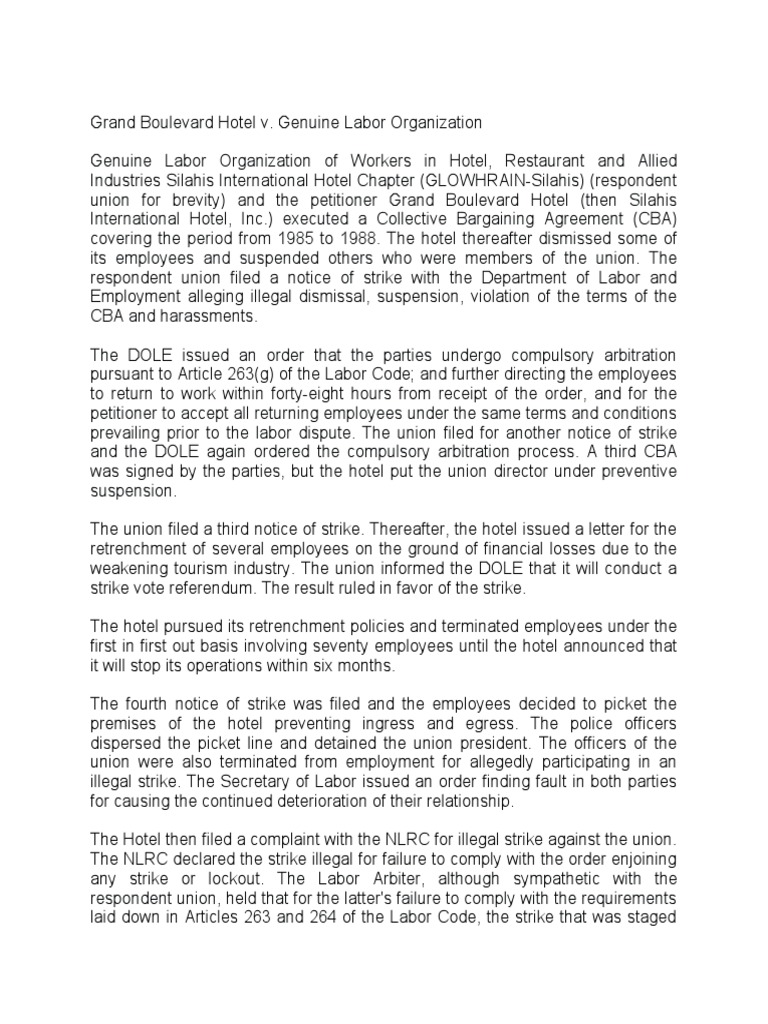 Grand Boulevard Hotel v. Genuine Labor Organization | PDF | Strike ...