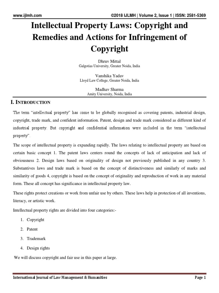 Intellectual Property Laws Copyright and Remedies and Actions For ... Intellectual Property Laws Copyright and Remedies and Actions For ...