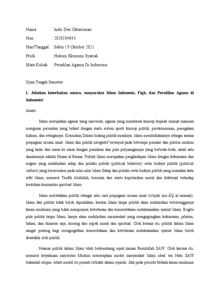 Uts Peradilan Agama (Indri Dwi Oktaviasari) | PDF