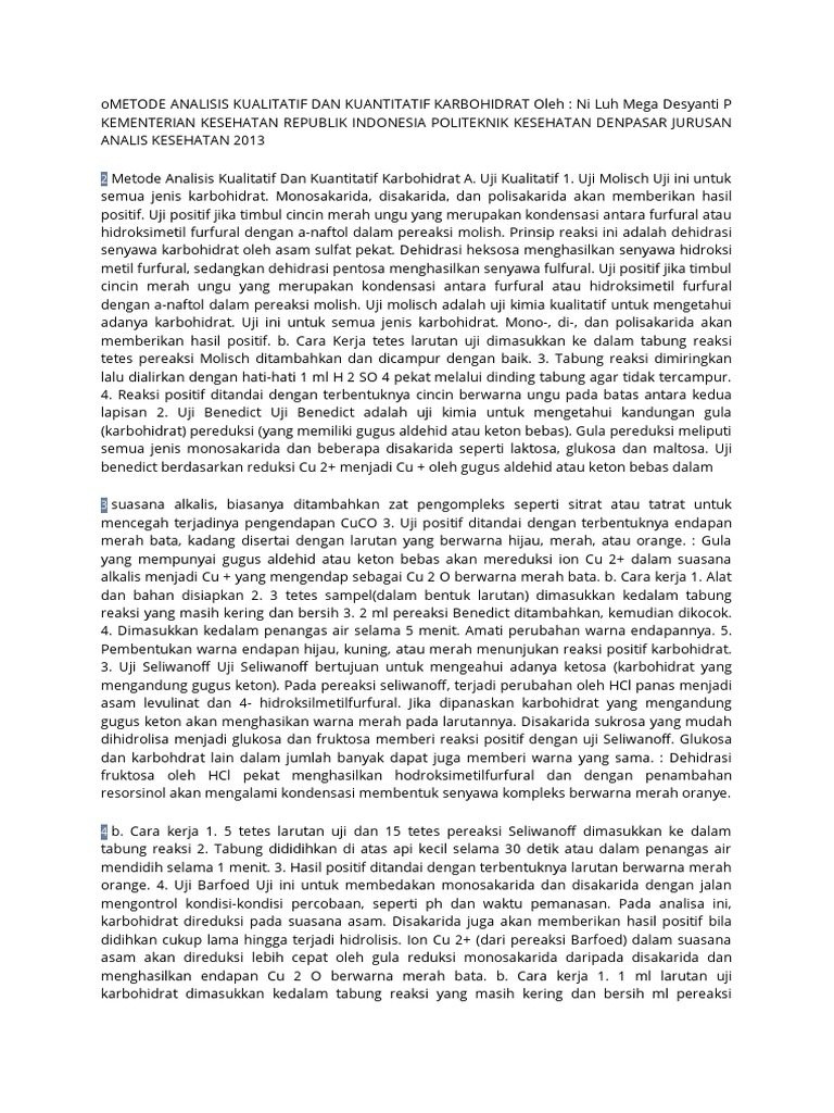 Metode Analisis Kualitatif Dan Kuantitatif Karbohidrat | PDF