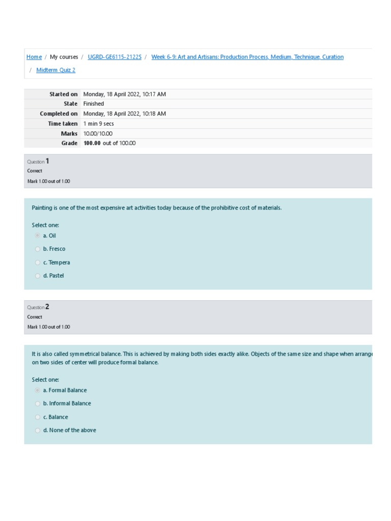 Midterm Quiz 2 - Attempt Review - Artappreciation | PDF | Pastel | Paintings