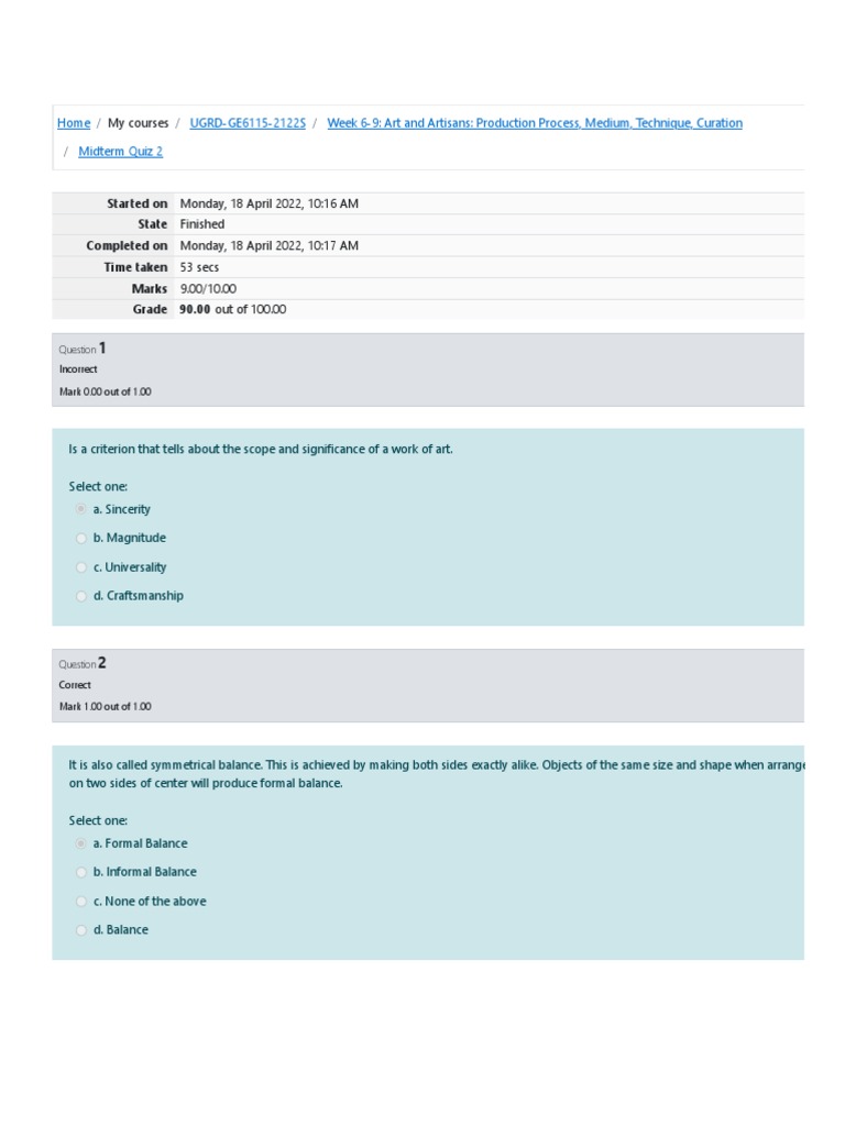Midterm Quiz 2 - Attempt Review2 - Artappreciation | PDF | Pastel | Composition (Visual Arts)
