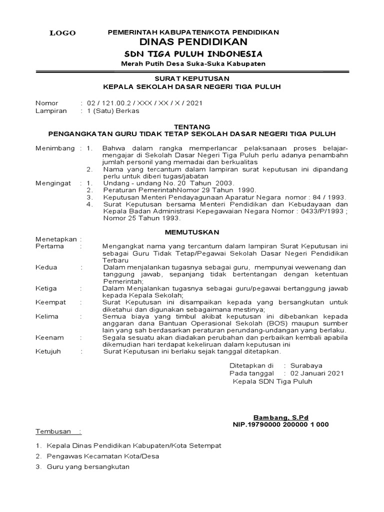 Contoh SK Pengangkatan Guru Honorer | PDF