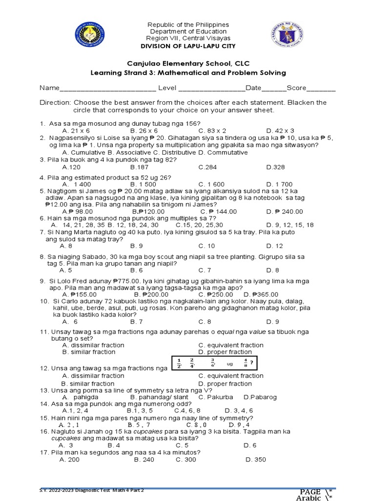 Grade 4 Diagnostic Test in Math Part 2 | PDF