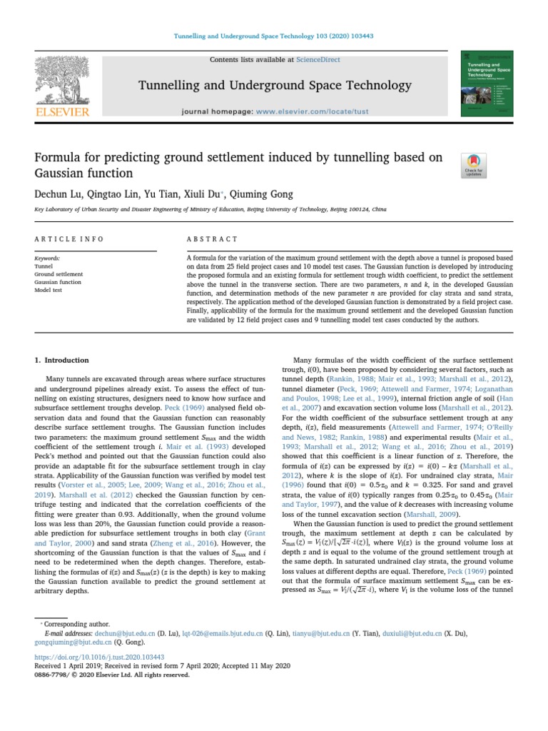 Formula For Predicting Ground Settlement Induced by Tunnelling Based On ...