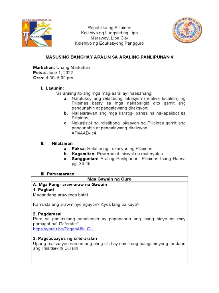 Semi-Detailed Lesson Plan Sa Araling Panlipunan-BEED 2-D | PDF