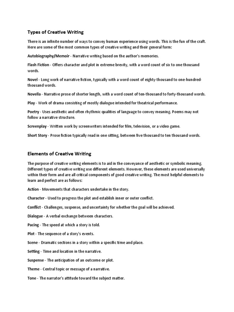 Types of Creative Writing | PDF | Narrative | Plot (Narrative)