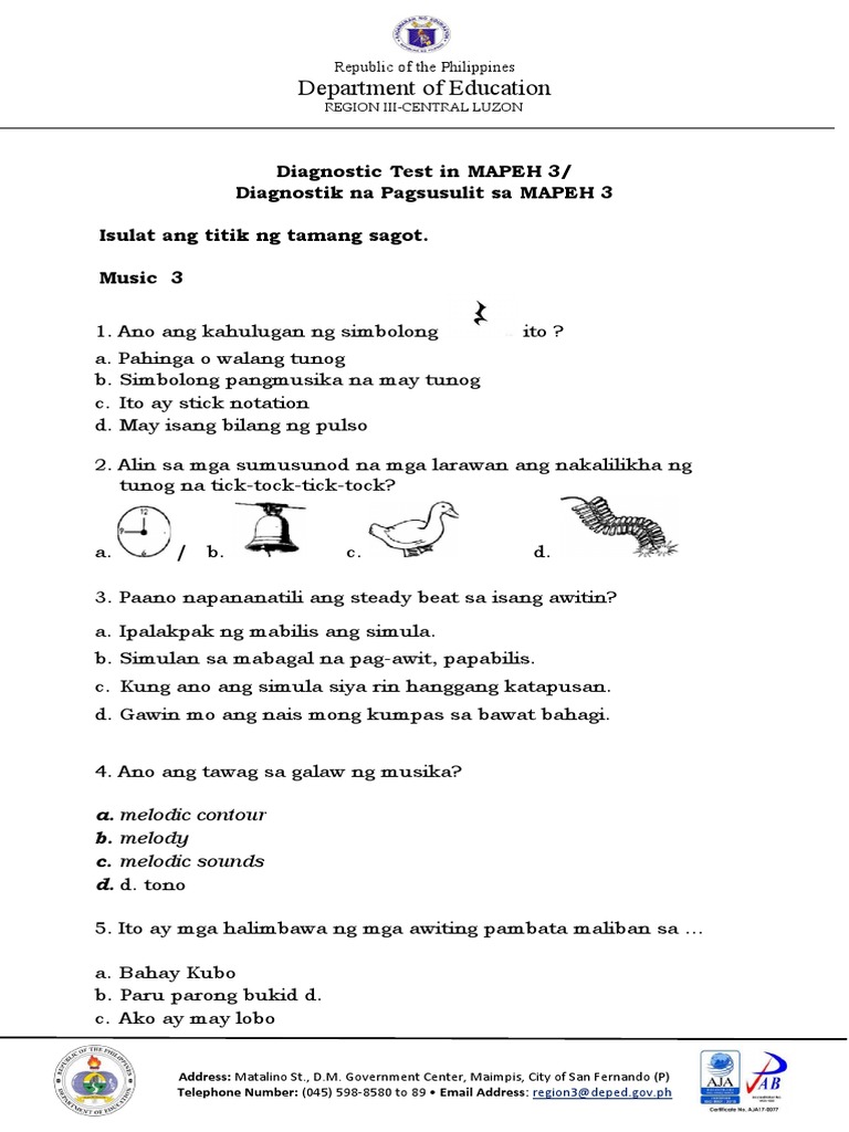 MAPEH-3.Diagnostic Test | PDF