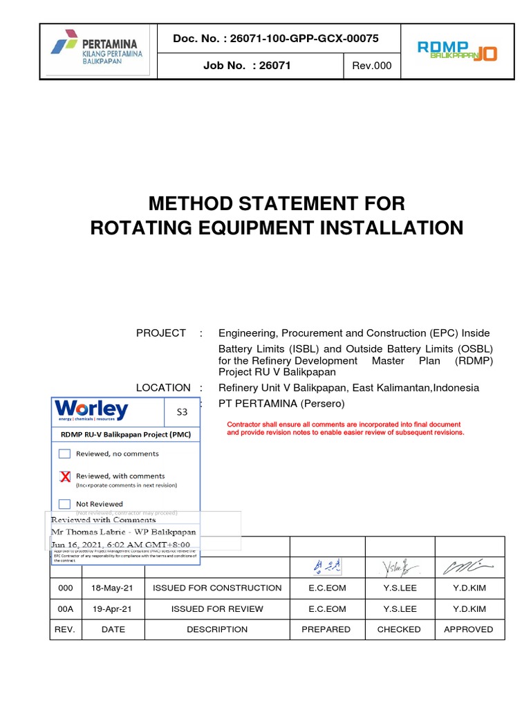 26071-100-GPP-GCX-00075 - Method Statement For Rotating Equipment - 000 | PDF | Pipe (Fluid ...