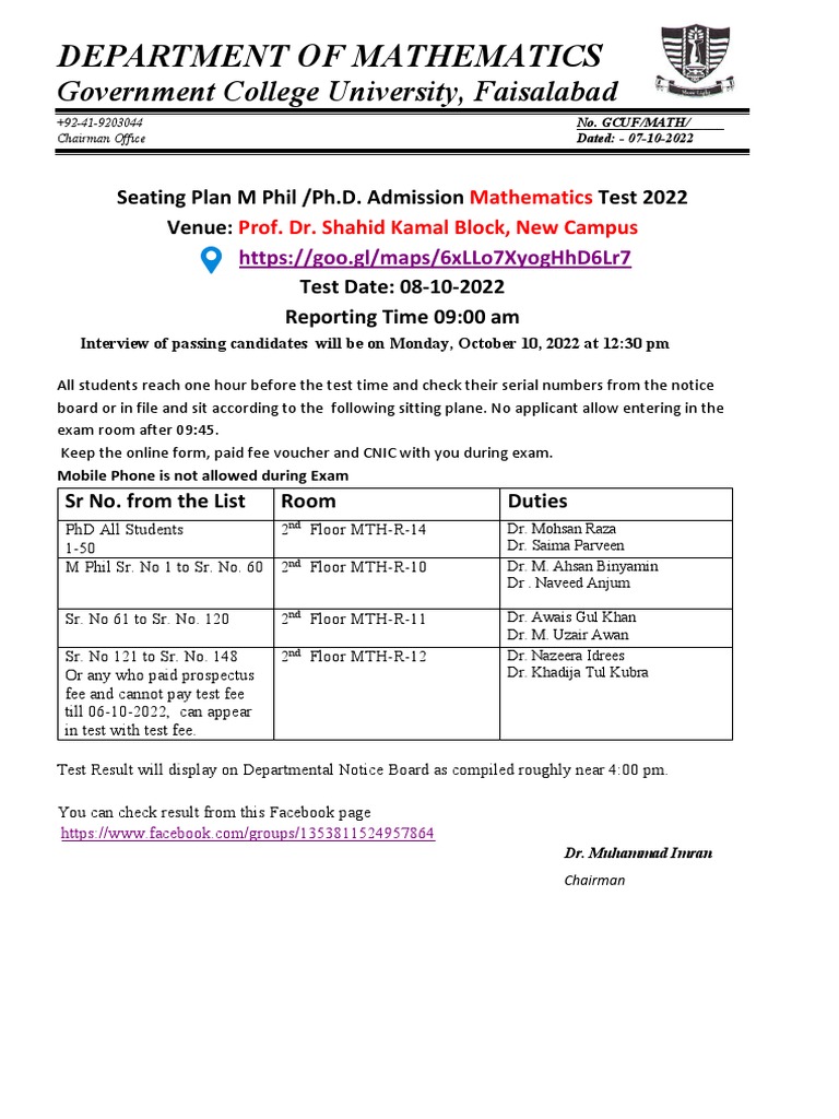 M PhilPh.D. Admission 2022 Test Seating Plan | PDF