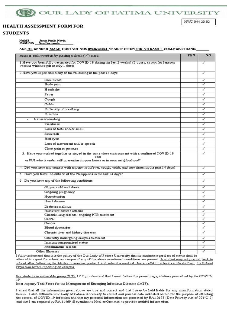 Assessing Student Health and COVID-19 Risk Factors for Safe Return to ...