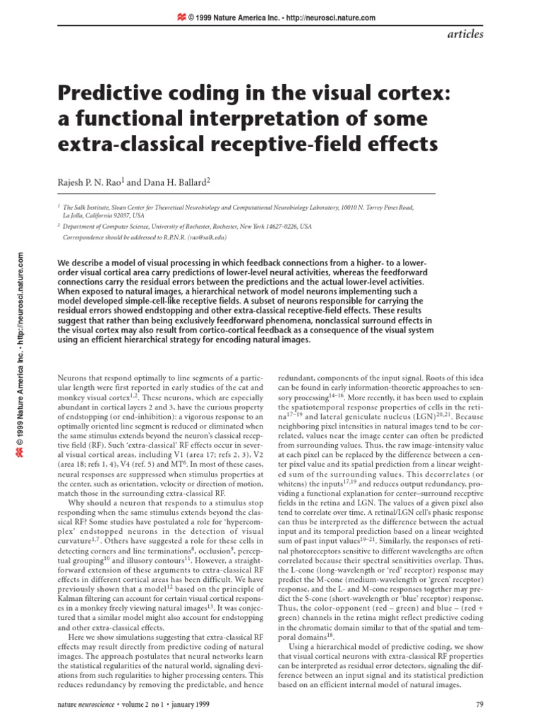 Predictive Coding in The Visual Cortex: A Functional Interpretation of Some Extra-Classical ...