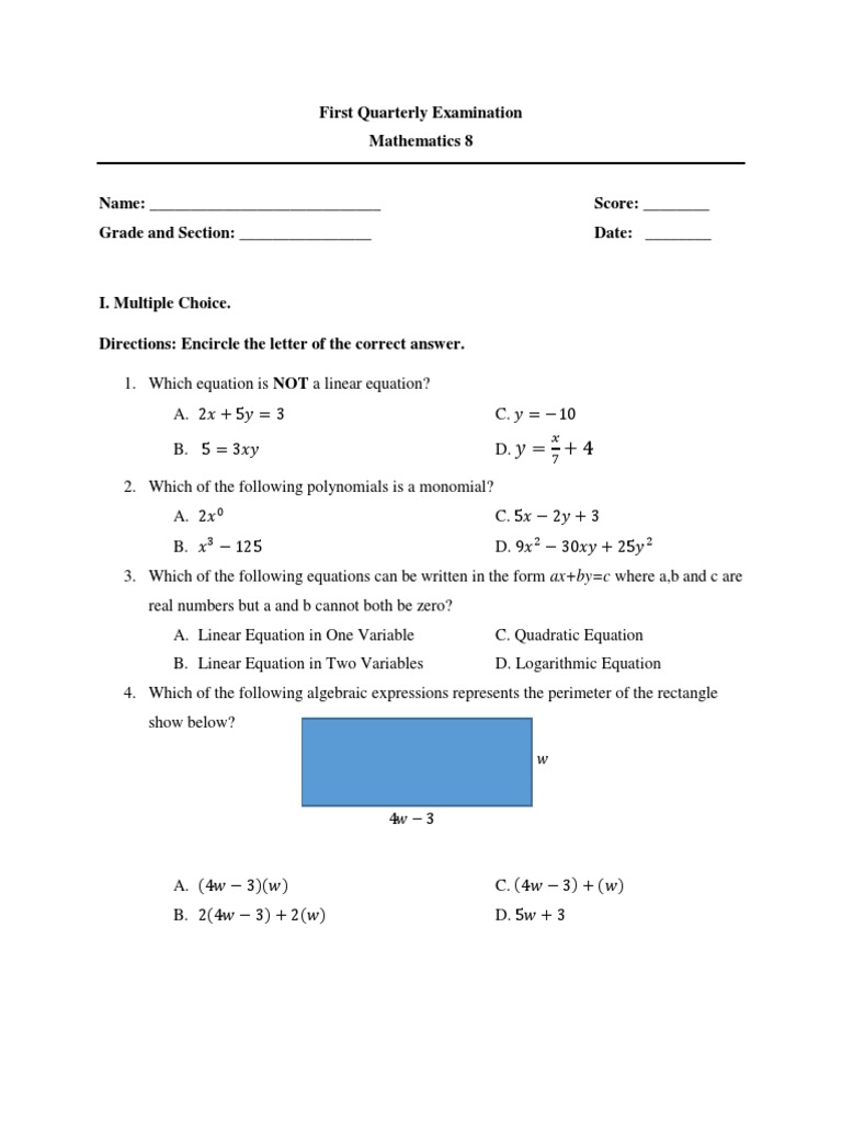 G8 Math Final Exam | PDF | Equations | Elementary Mathematics