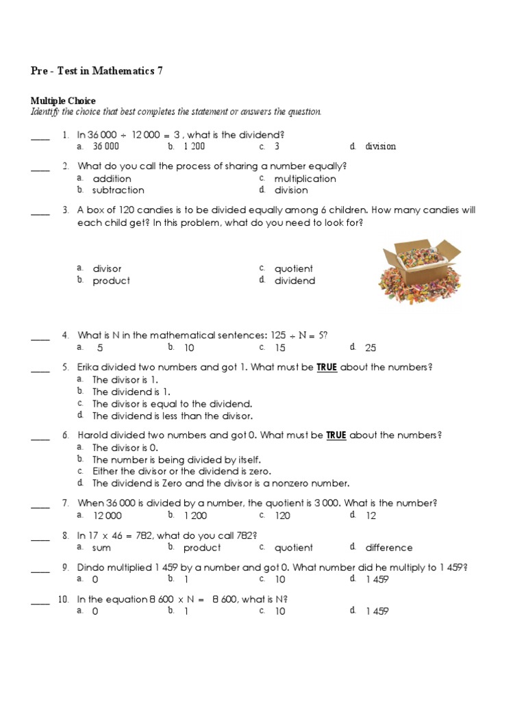Pre Test in Math 7 | PDF | Division (Mathematics) | Number Theory