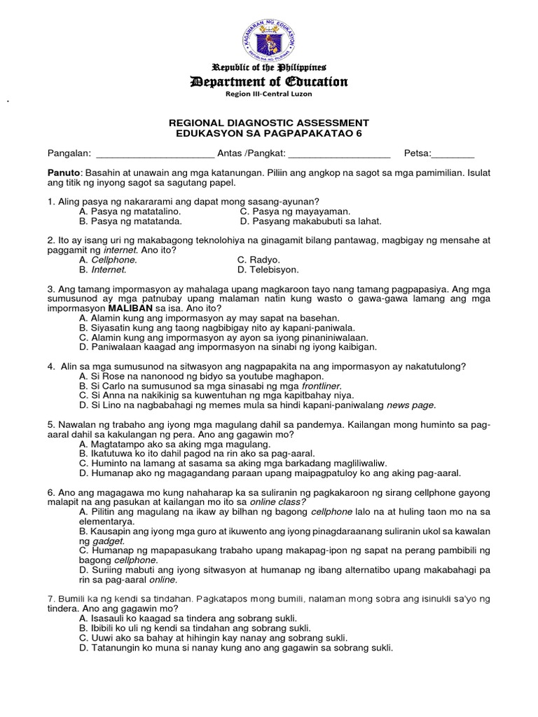 Diagnostic Assessment EsP Grade 6 | PDF