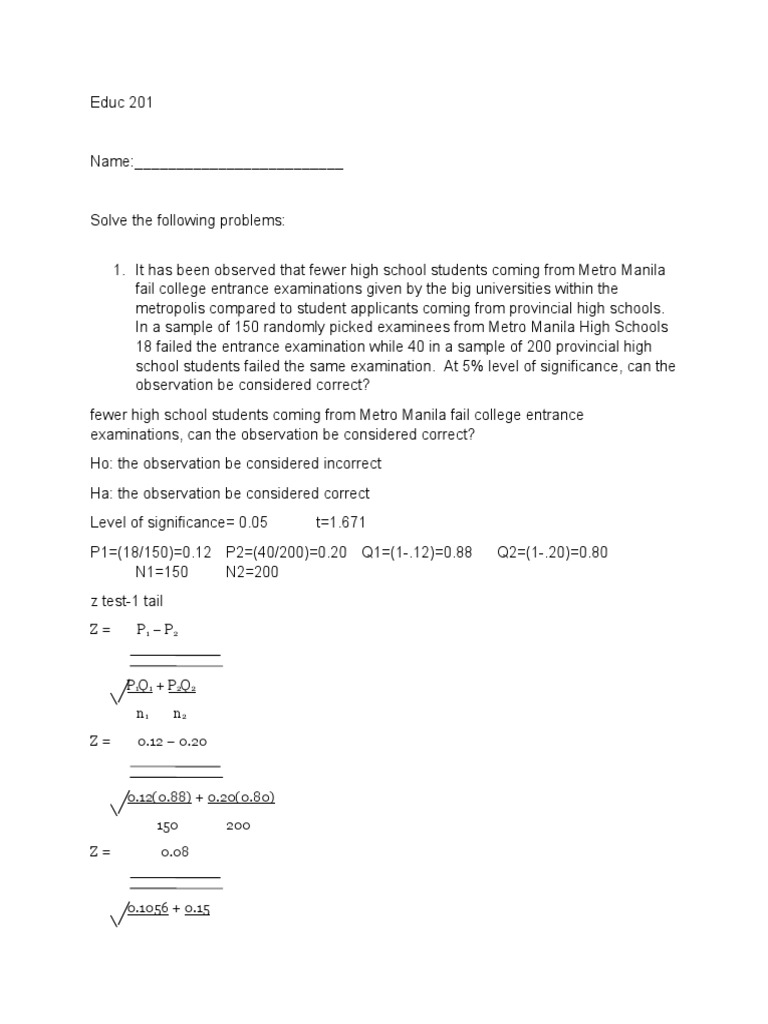 Simple Test Of Hypothesis Assignment Pdf Test Assessment Statistics 