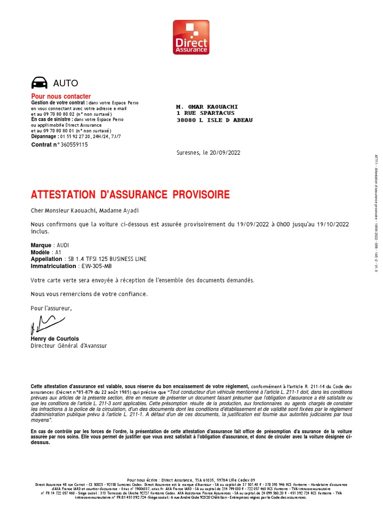 Attestation d'Assurance Provisoire Auto | PDF | Assurance | Secteurs du ...