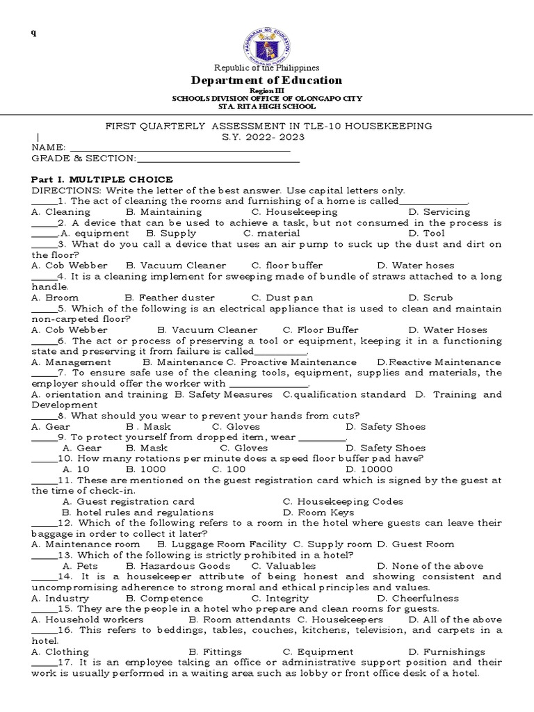 TLE10 For Quarterly Examination With TOS and Answer Key | PDF