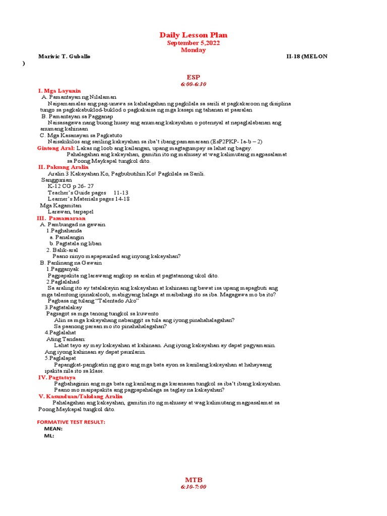 Daily Lesson Plan W3-D1-D3-All Subjects | PDF