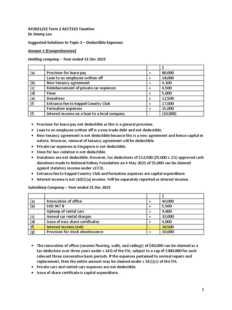 Suggested Solutions To Homework 3 - Deductible Expenses | PDF | Expense ...