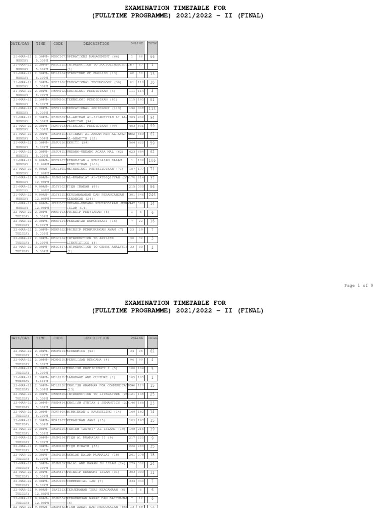 2021/2022 Final Exam Timetable | PDF | Linguistics | Jurisprudence