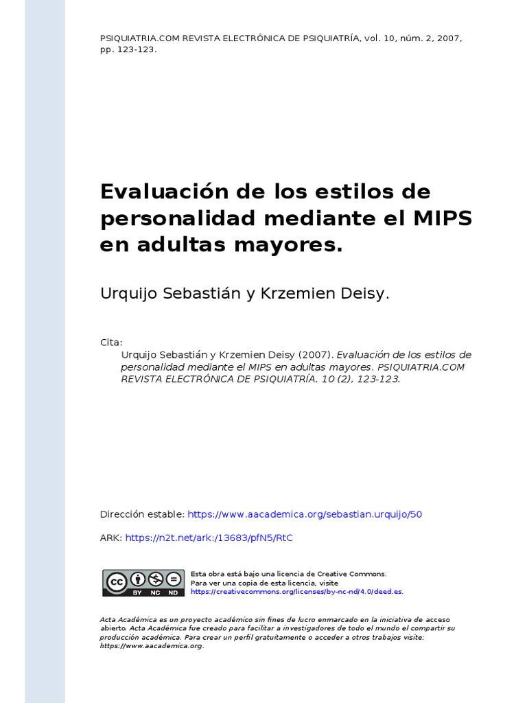 Urquijo Sebastián y Krzemien Deisy (2007) - Evaluación de Los Estilos de Personalidad Mediante ...