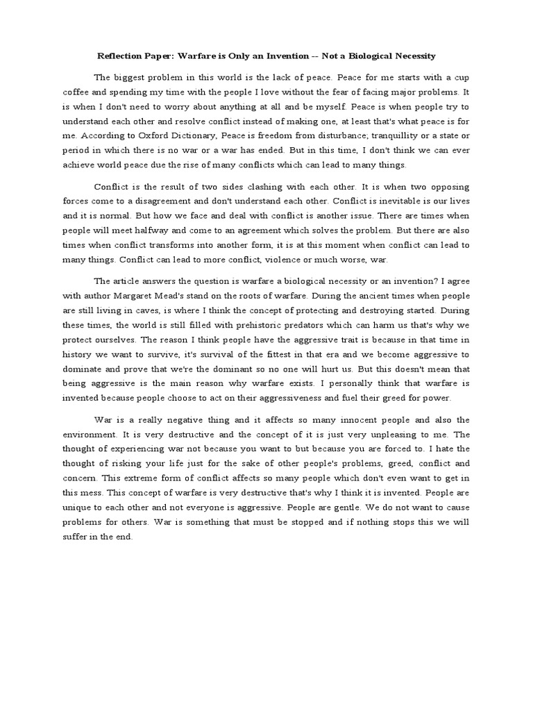 Reflection Paper: Warfare Is Only An Invention - Not A Biological ...