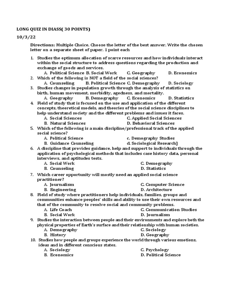 Long Quiz in Diass | PDF | Social Sciences | Science