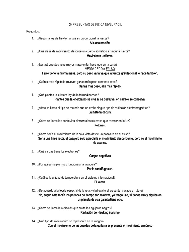 100 Preguntas de Fisica Nivel Facil | PDF | Masa | Fuerza
